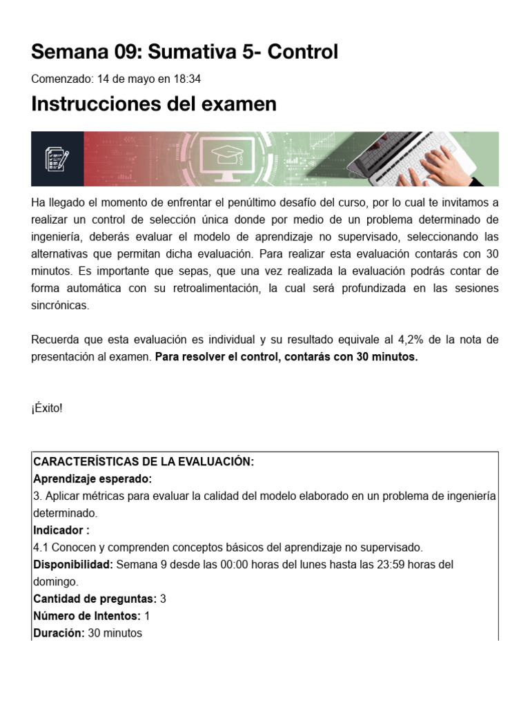 Examen - Semana 09 - Sumativa 5 - Control | PDF | Evaluación | Cognición