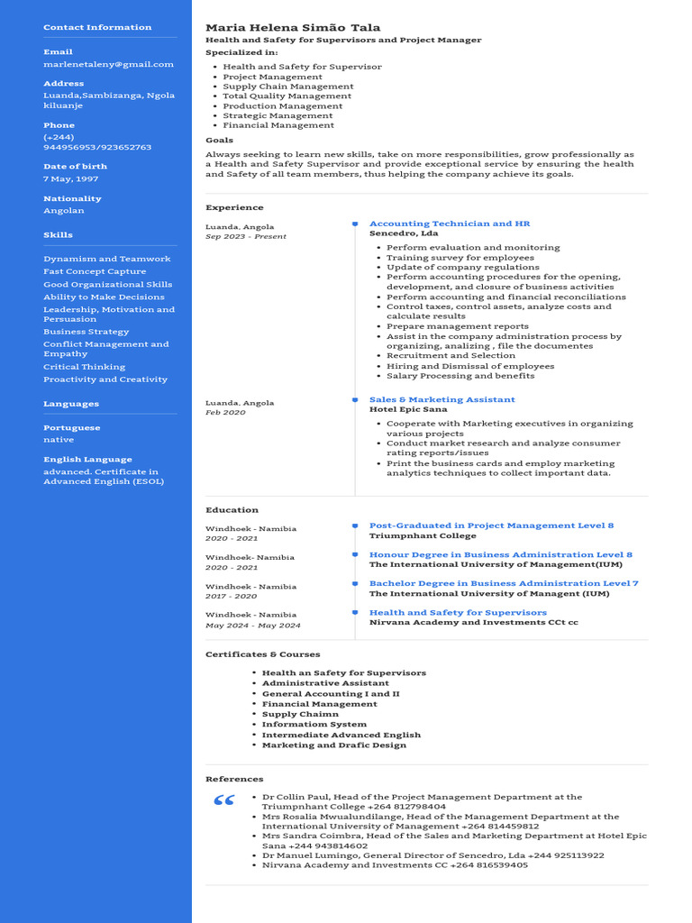 Maria Helena Tala English CV-2024 | PDF | Angola | Strategic Management