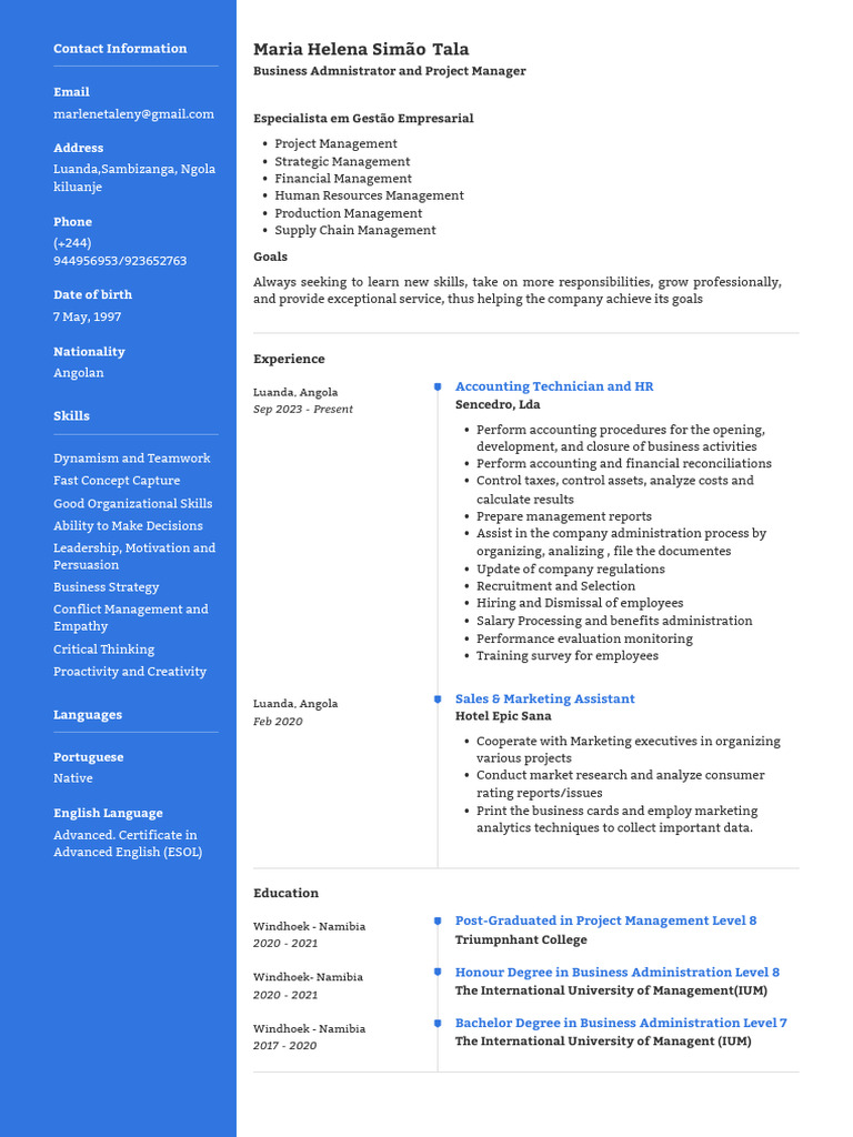 Maria Helena Tala CV 1 | PDF | Business | Strategic Management