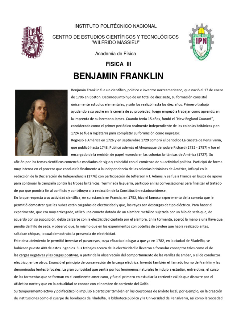 BIOGRAFIA DE BENJAMIN FRANKLIN | PDF | Benjamin Franklin