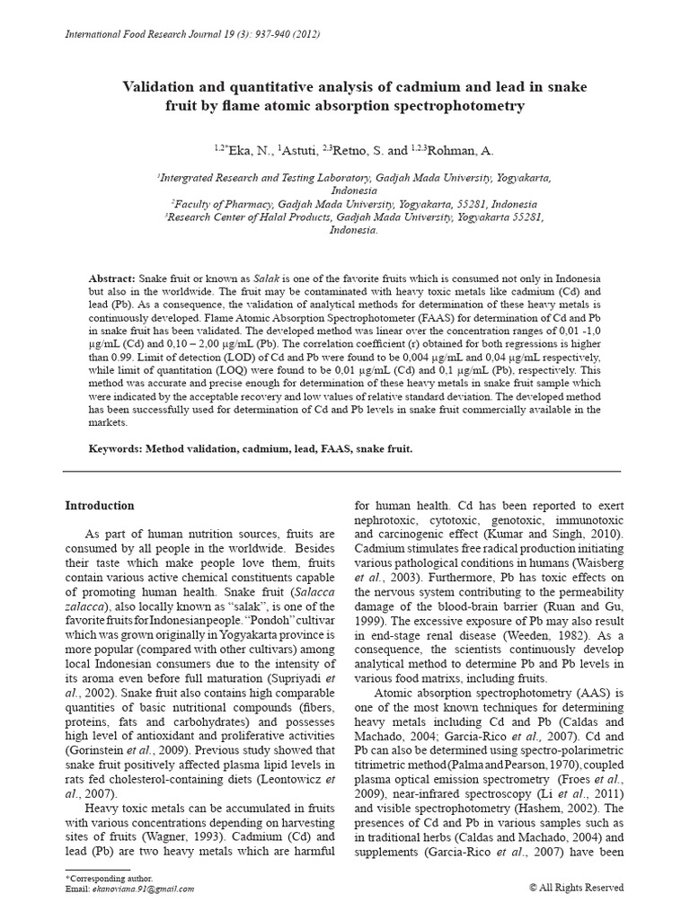 Validation and quantitative analysis of cadmium and lead in snake fruit by flame atomic ...