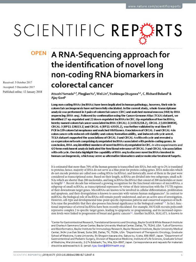 A RNA Sequencing Approach For The Identification of Novel Long Noncoding RNA Biomarkers in ...