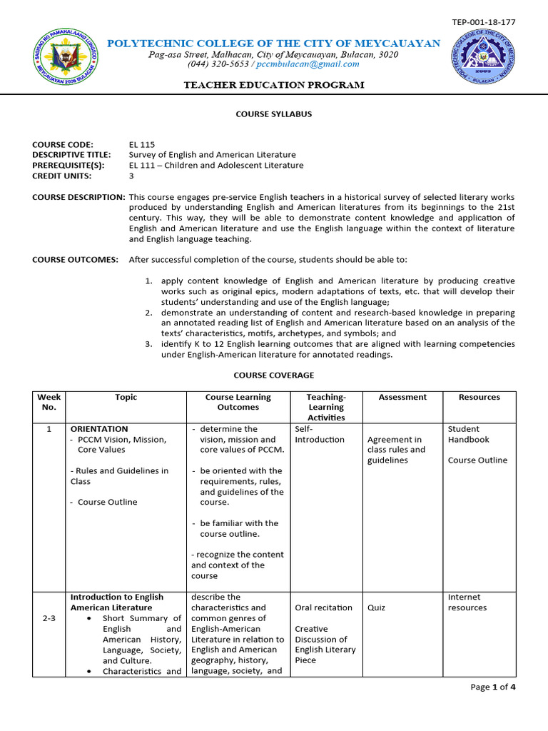 EL 115 - EngAm SYLLABUS | PDF | Poetry | Lyric Poetry