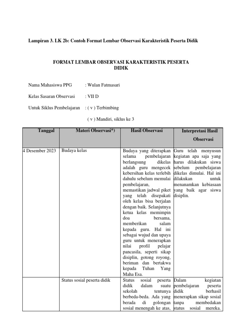 Lampiran 3. LK 2b SK3.Format Lembar Observasi Karakteristik Peserta Didik-Wulan Fatma | PDF ...