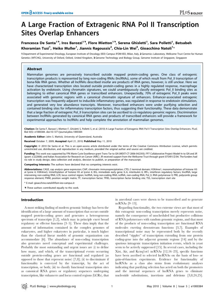 A Large Fraction of Extragenic RNA Pol II Transcription Sites Overlap ...