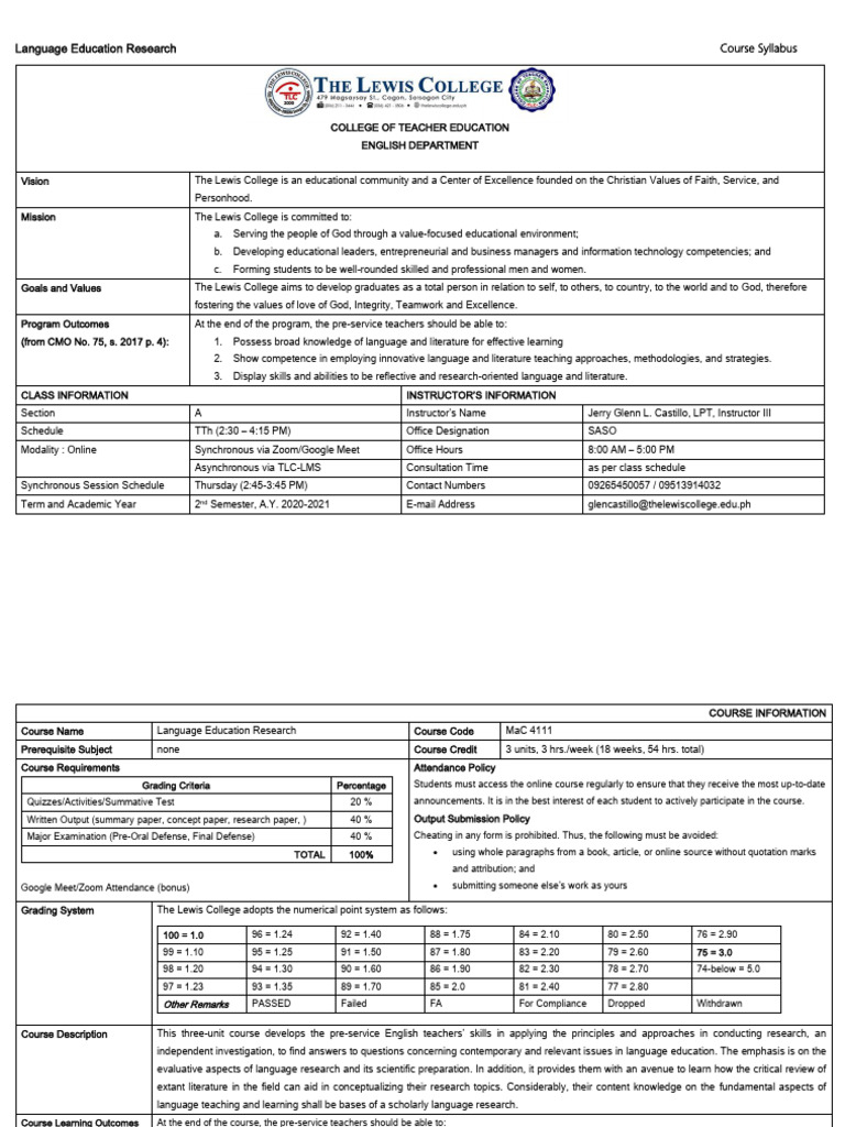 Course Syllabus in Language Education Research | PDF | Language ...