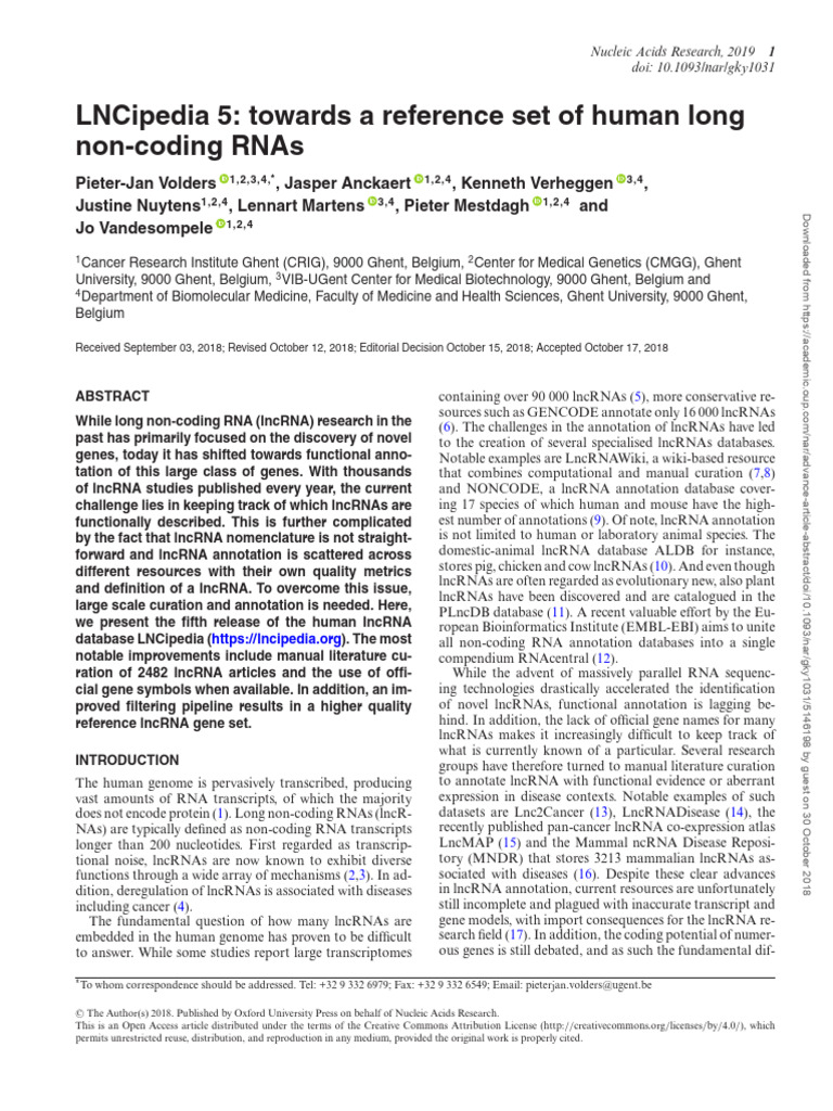 LNCipedia 5: Human lncRNA Database Update | PDF | Gene | Human Genome