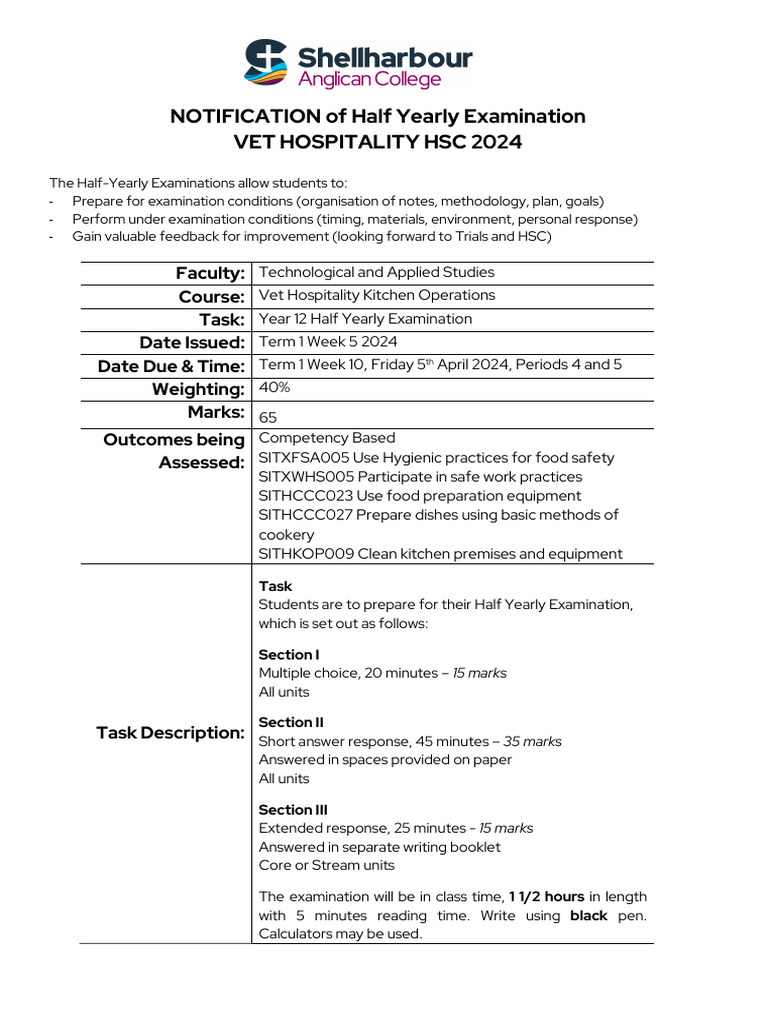 VET Hospitality HSC 2024 Exam Notification | PDF | Food Safety | Hazard ...