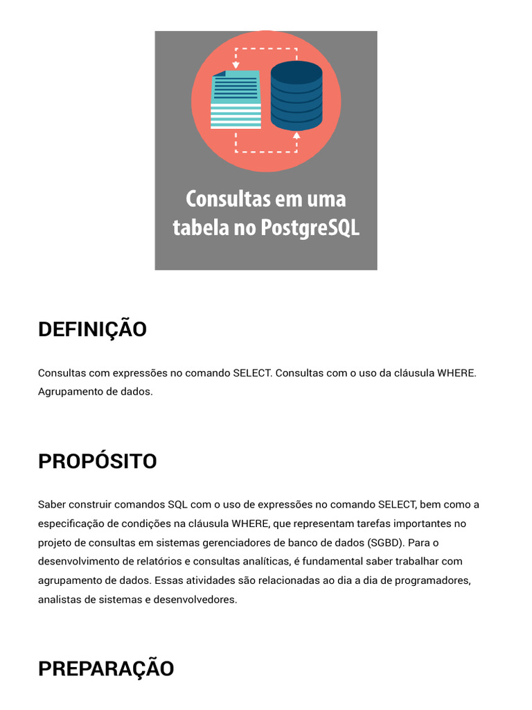 Tema 5 - Consultas em Uma Tabela No Postgresql | PDF | SQL | Bancos de dados