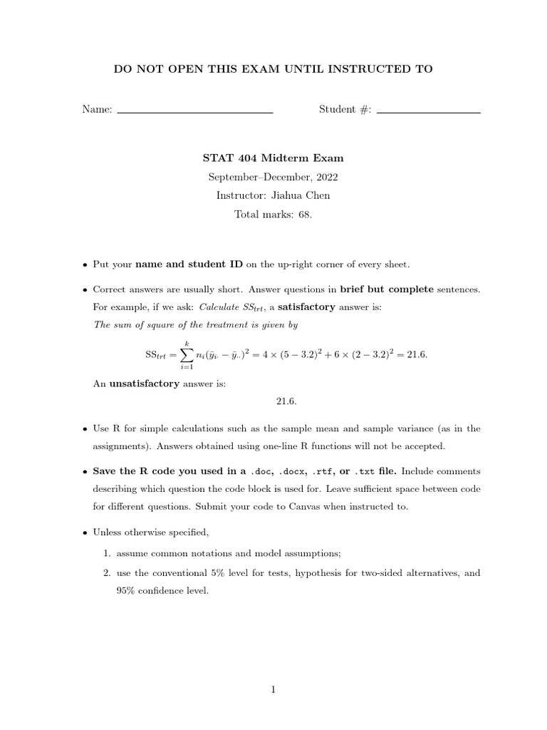 Midterm 2022 Sol | PDF | Errors And Residuals | Statistics Midterm 2022 Sol | PDF | Errors And Residuals | Statistics