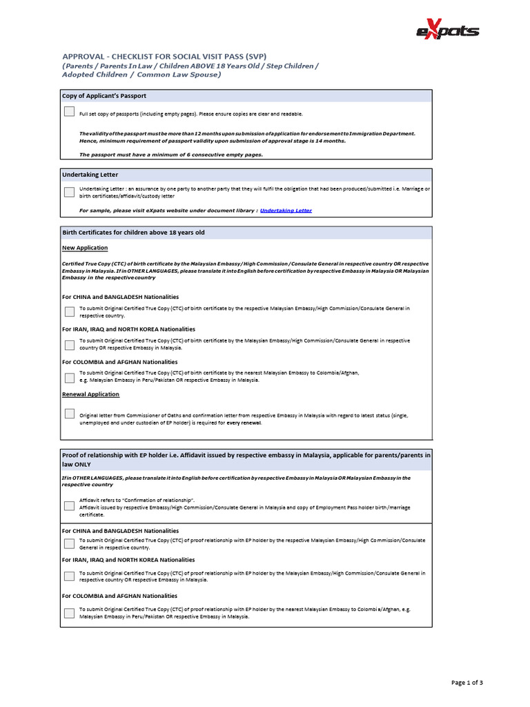 MDEC eXpat Checklist Social Visit Pass | PDF | Birth Certificate | Passport
