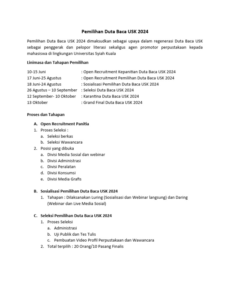 Pemilihan Duta Baca USK 2024 | PDF | Karier & Perkembangan | Ilmu Sosial