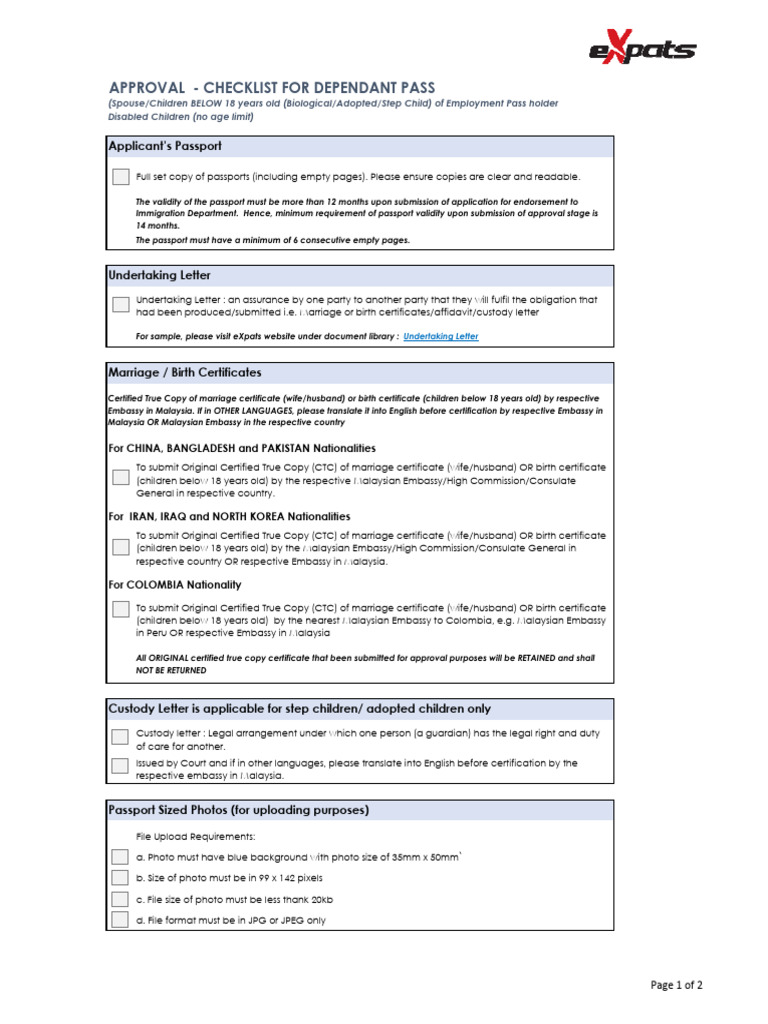 Dependant Pass Approval Checklist | PDF | Birth Certificate | Passport