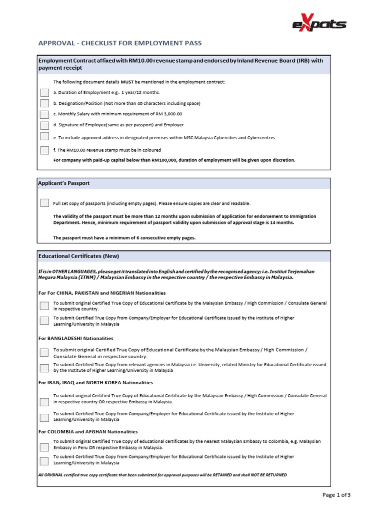 MDEC Expat Checklist Employment Pass - NON-MSC - Oct2023 | PDF | Passport