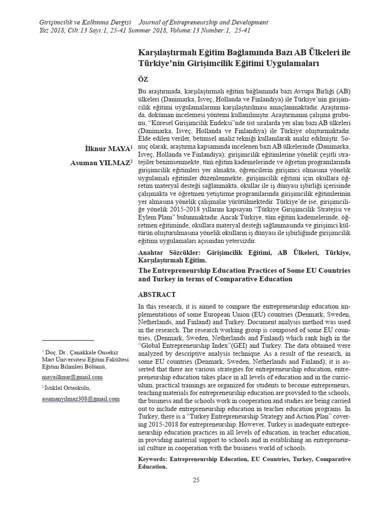 Kar La T Rmal E Itim Ba Lam Nda Baz AB Lkeleri Ile T Rkiye Nin Giri Imcilik E Itimi Uygulamalar ...