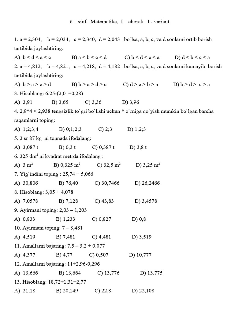 6 Sinf Barcha Chorak Uchun Matematika Test | PDF