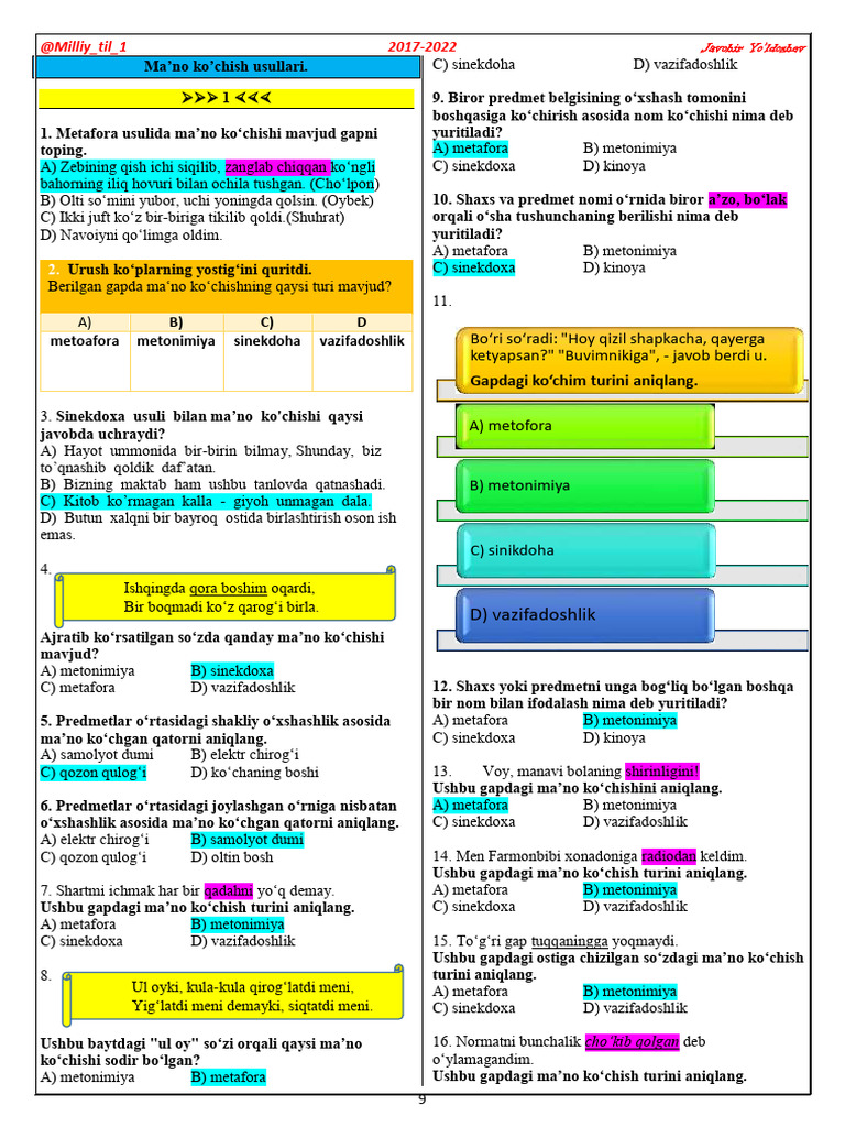 Ma'no Ko'chish Usullaridan 1-Variant (Javobli) | PDF