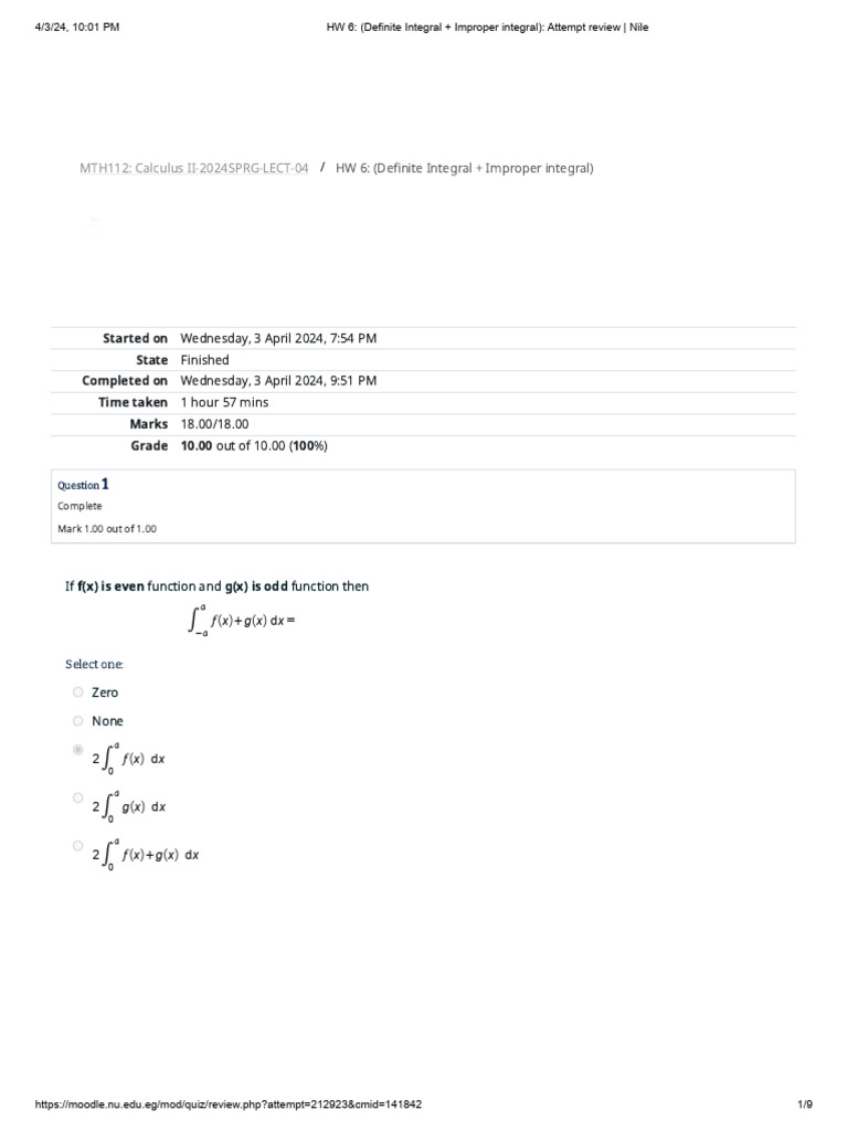 HW 6_ (Definite Integral + Improper Integral)_ Attempt Review _ Nile | PDF | Applied Mathematics ...