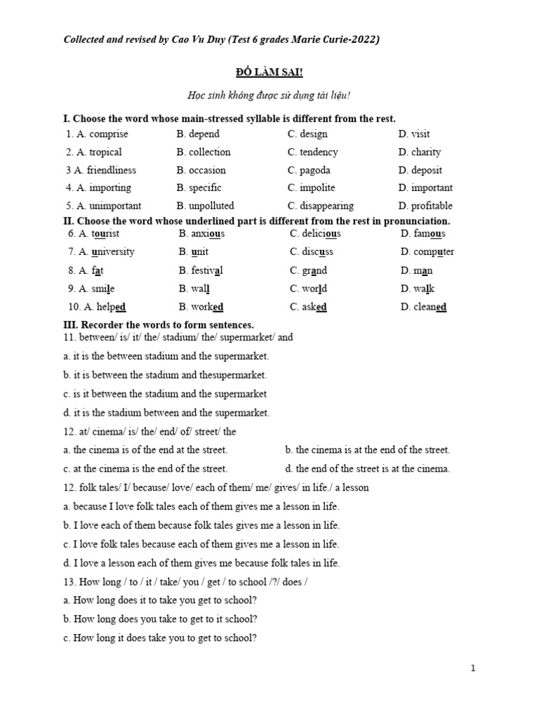 ĐỐ LÀM SAI (Test of Marie Curie secondary school) | PDF