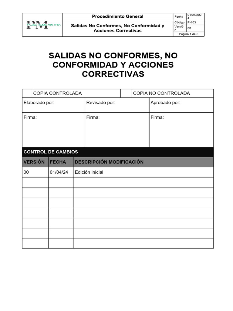 P-103 SALIDAS NO CONFORMES, NO CONFORMIDAD Y ACCIONES CORRECTIVAS ...