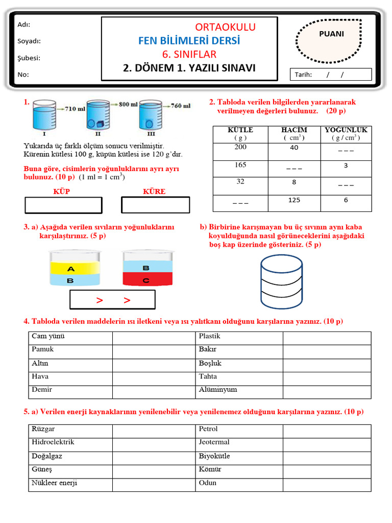 6 Sinif Fen Bilimleri Yazili Senaryo 1 Ve Cevap Anahtari 3 | PDF