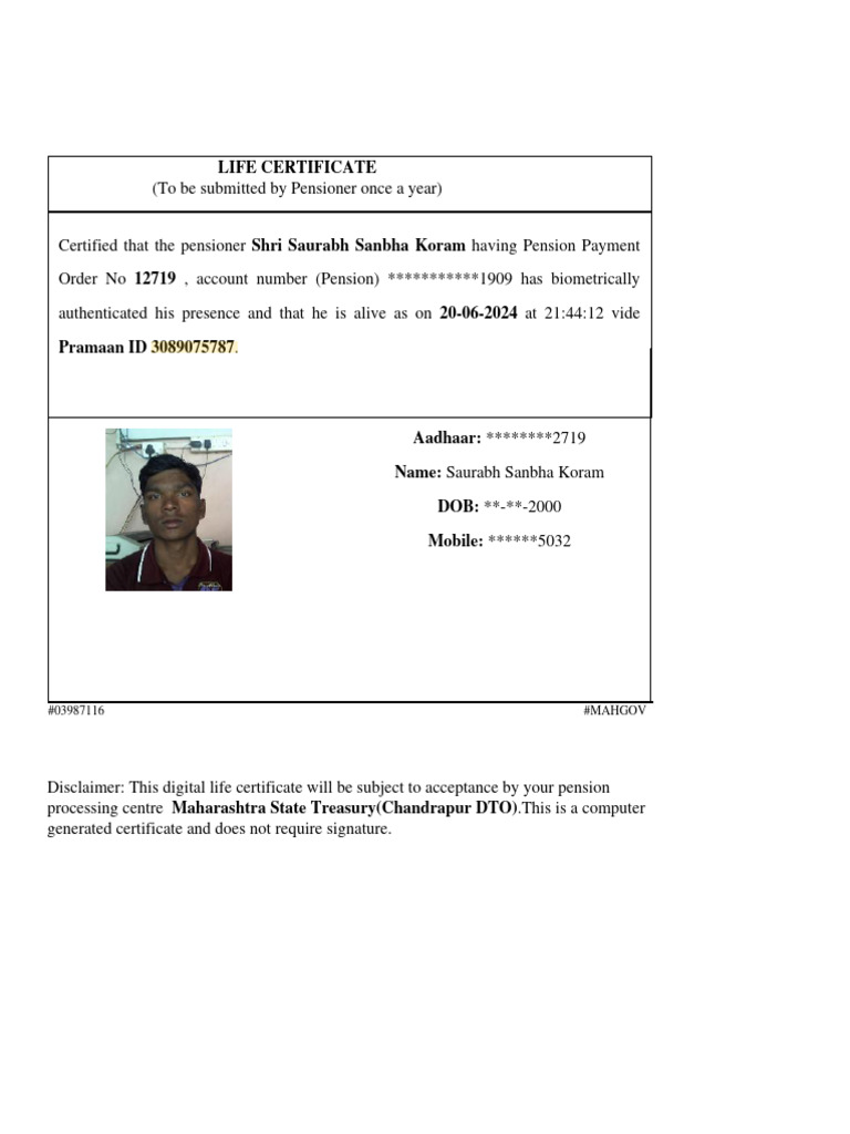 Life Certificate: #03987116 #Mahgov | PDF
