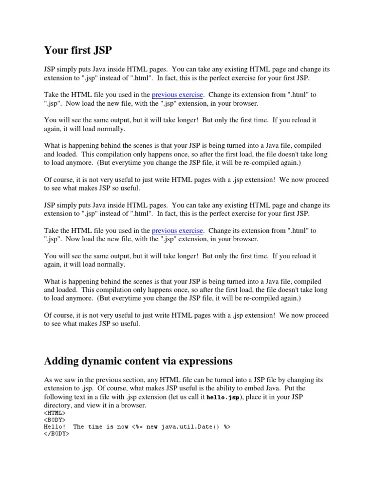 Your First JSP: Previous Exercise | PDF | Java Server Pages | Html Element