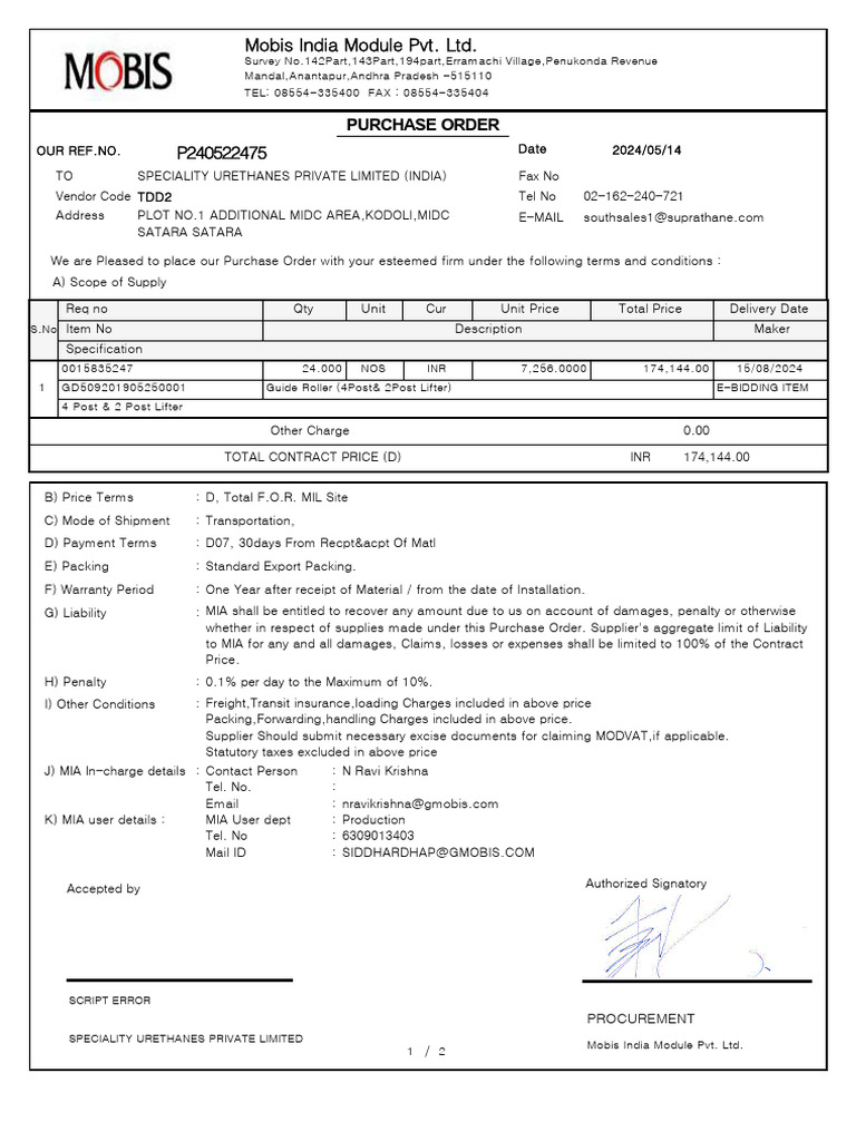 Mobis India Module Pvt. LTD.: Purchase Order | PDF | Value Added Tax ...