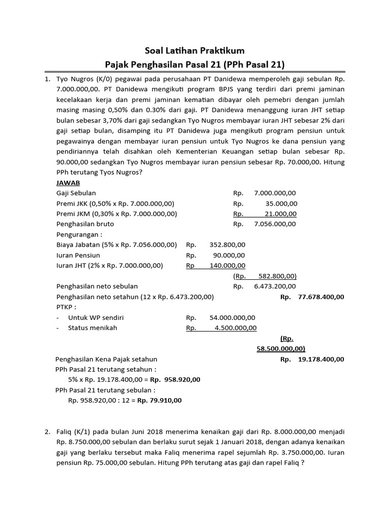 Jawaban Soal Latihan Praktikum PPH Pasal 21 | PDF | Bisnis | Pengelolaan Keuangan & Uang