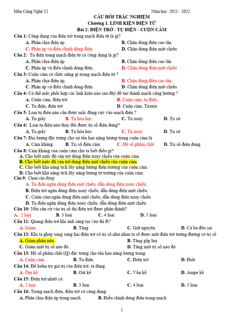 CN12 Cau Hoi Trac Nghiem - Cuoi HK1 2 | PDF