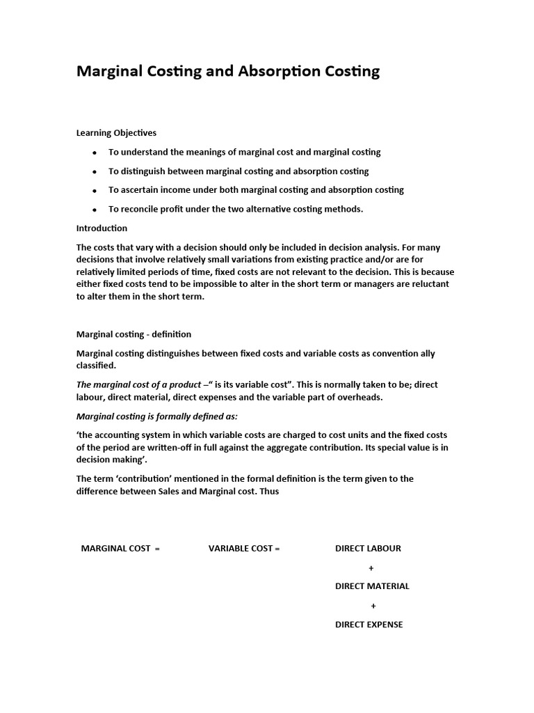 Marginal Costing and Absorption Costing | PDF | Cost Accounting | Marginal Cost