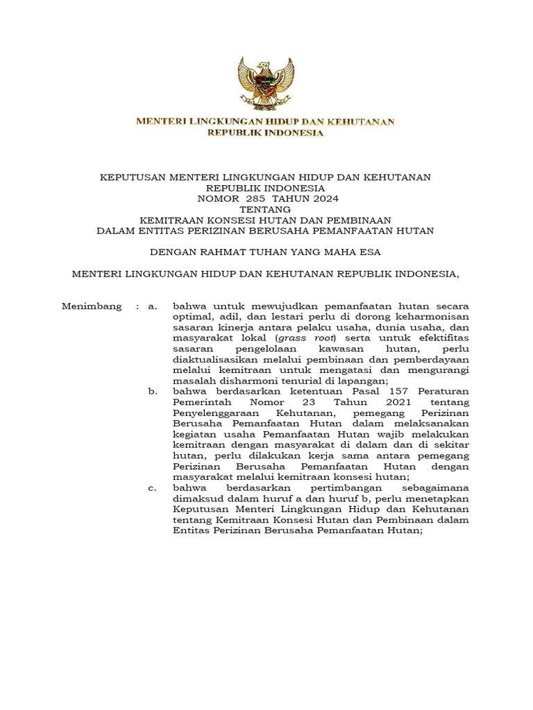 Salinan SK 285 TH 2024 - Kemitraan Konsesi Hutan - 6maret2023 - 17.42 | PDF