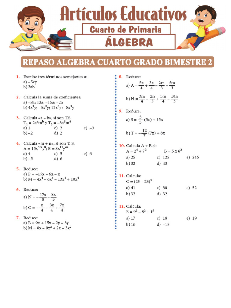 Repaso Algebra Cuarto Grado Bimestre 2 Para Cuarto de Primaria | PDF