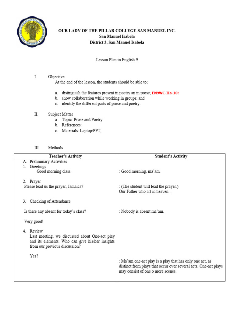 Lesson Plan (Prose and Poetry | PDF | Poetry | Prose
