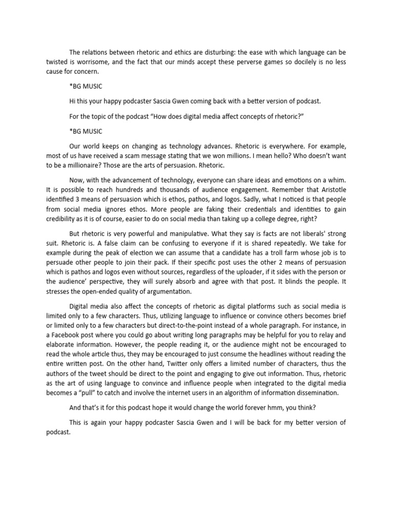 Digital Media and Rhetoric Podcast Script | PDF | Rhetoric | Social Media