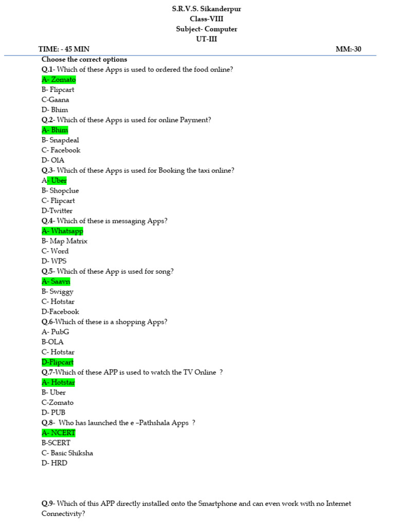 Computer Apps Quiz for Class VIII | PDF | Mobile App | Application Software