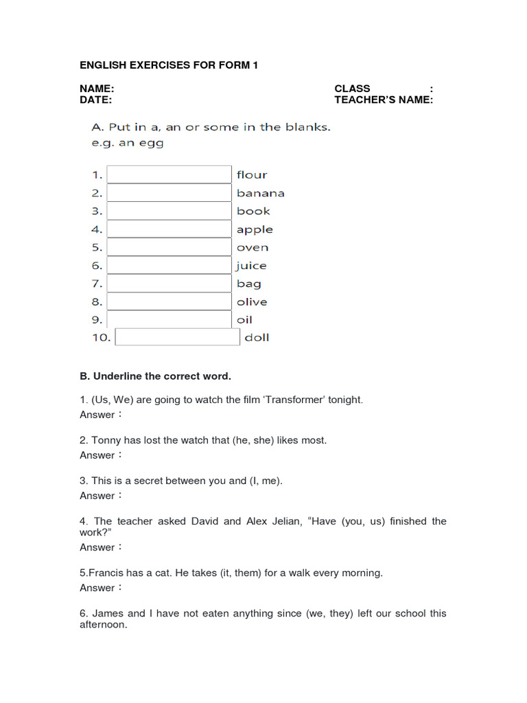 Form 1 English Exercises with Answers | PDF | Language Arts ...