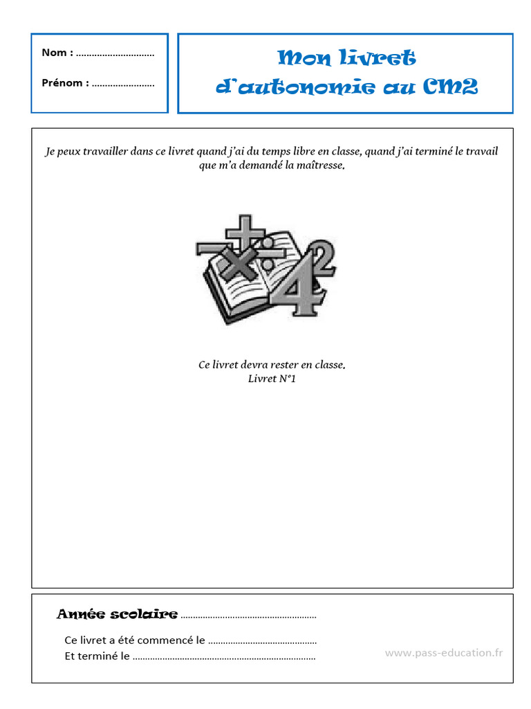 Fichier Dautonomie Cm2 Cycle 3 Travail en Autonomie en Classe | PDF ...