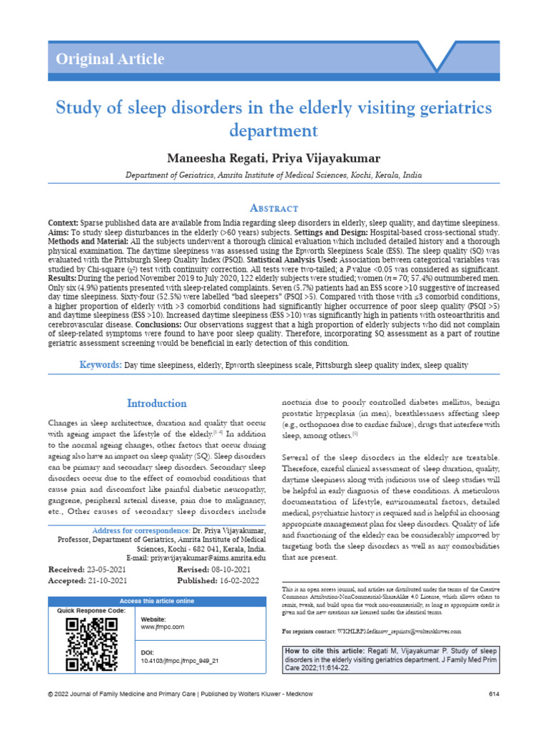 Study Of Sleep Disorders In The Elderly Visiting Geriatrics Department