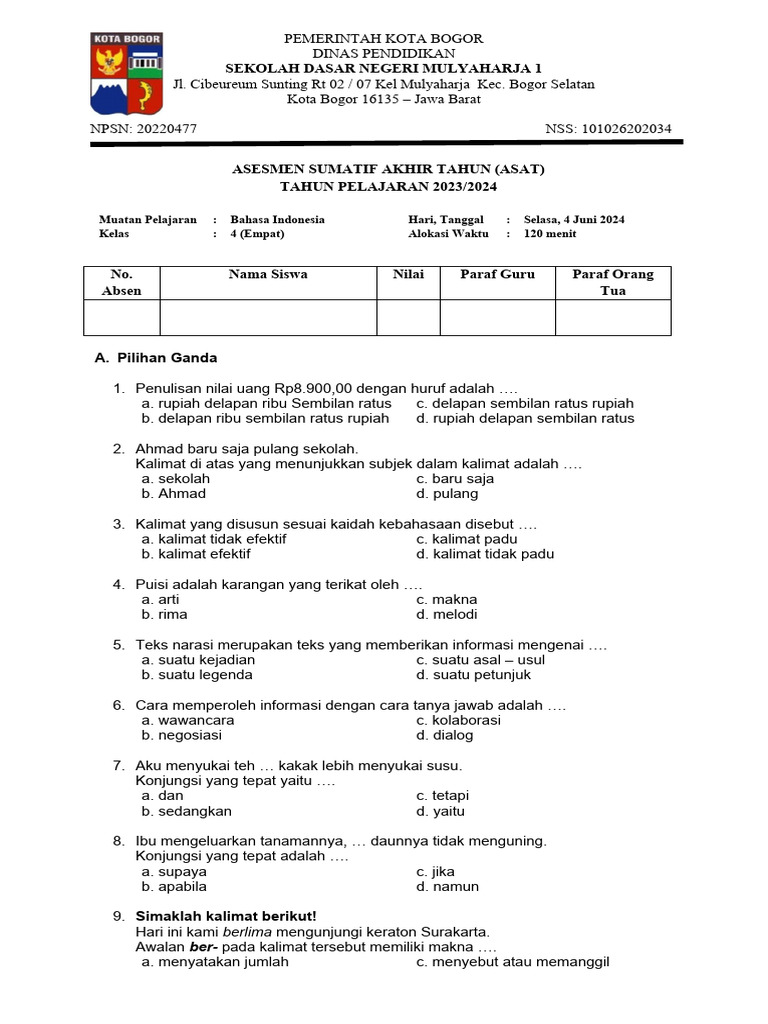 Contoh Soal SAS Bahasa Indonesia | PDF