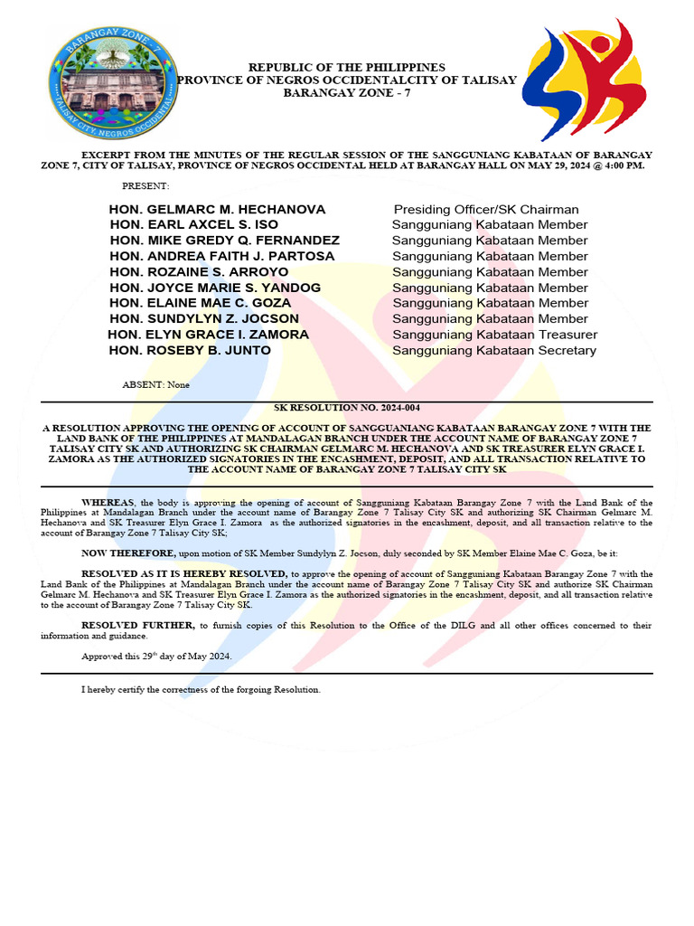 SK Resolution for Bank Account Opening | PDF | Youth Organizations