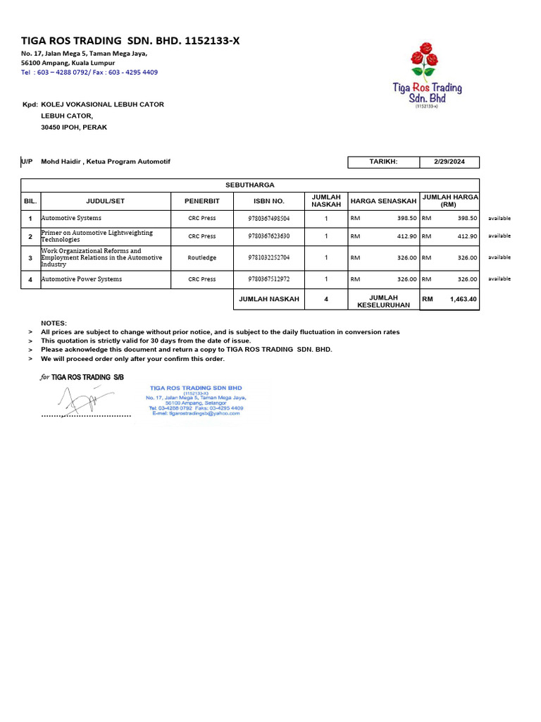 Sebutharga 29022024 - Tiga Ros Trading SDN BHD | PDF