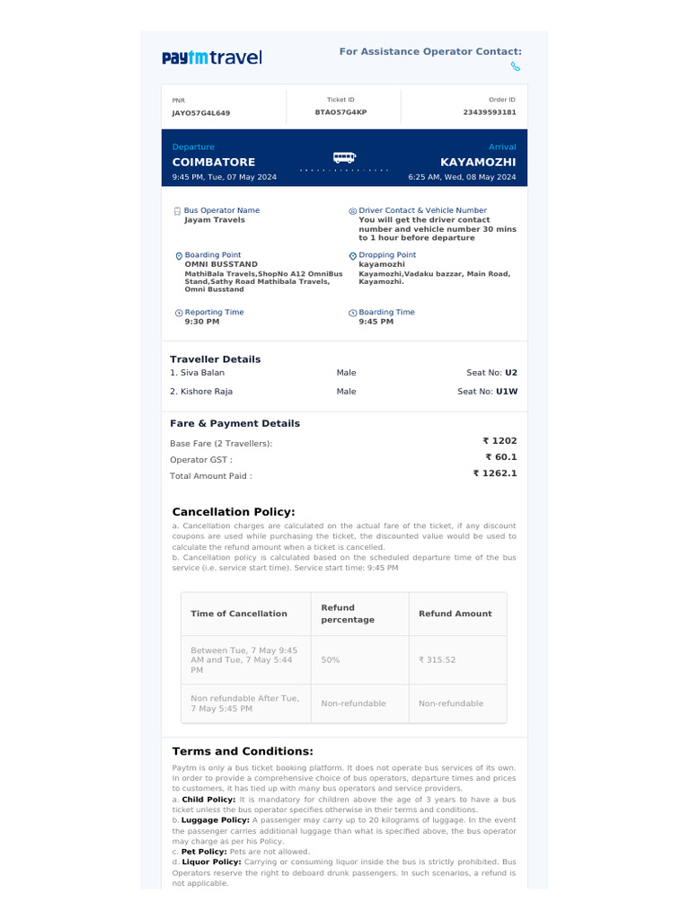 Coimbatore to Kayamozhi Bus Ticket Details | PDF | Bus | Identity Document