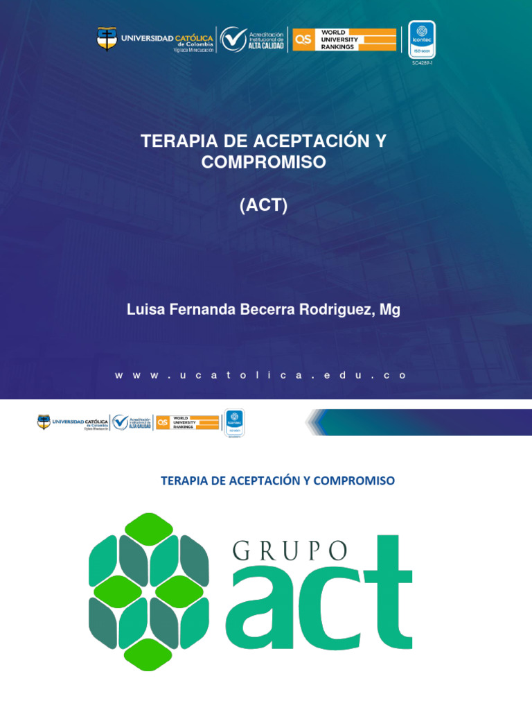 Introducción y Aplicaciones de ACT Clase 08 y 09 | PDF | Psicoterapia | Sicología