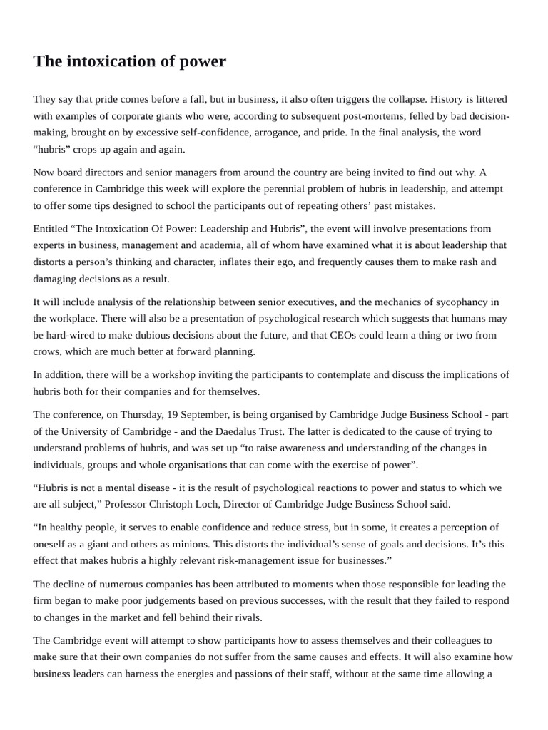 The Intoxication of Power University of Cambridge | PDF | Psychology ...