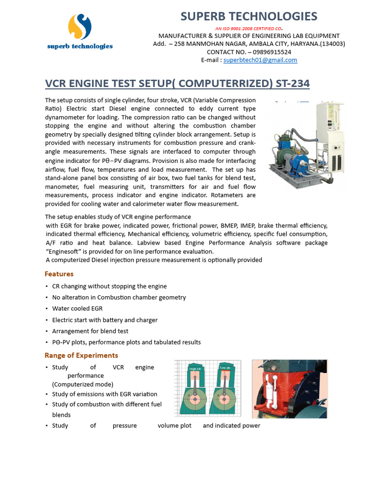 VCR Engine Test Setup ST-234 Overview | PDF | Diesel Engine | Engines