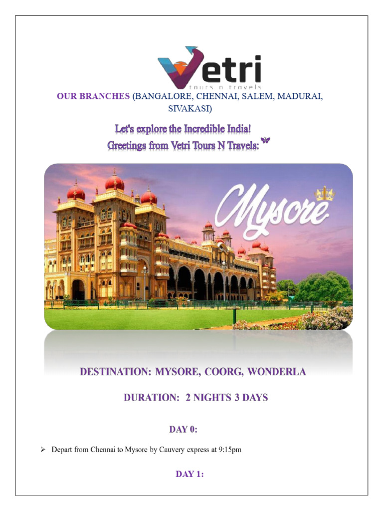 Mysore, Coorg, Wonderla | PDF