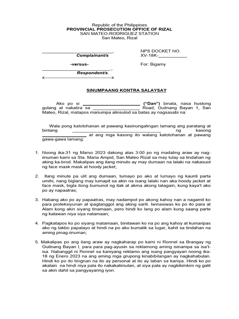 Kontra Salaysay Sample | PDF