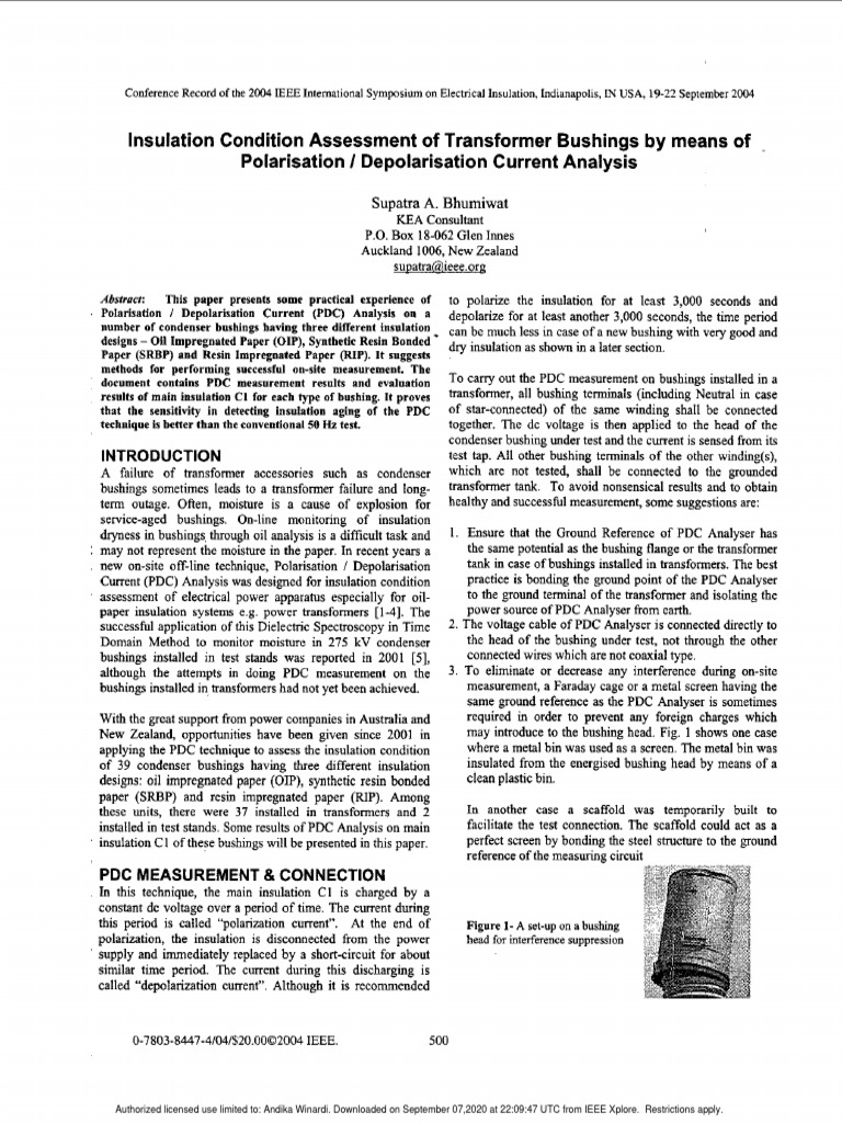 Insulation Condition Assessment Of Transformer Bushings By Means Of Pdca Pdf Transformer