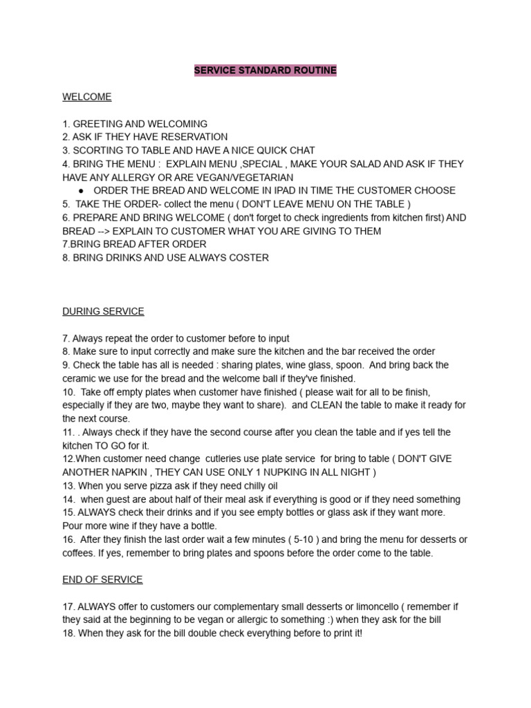 Restaurant Service Standard Procedures | PDF | Cooking, Food & Wine